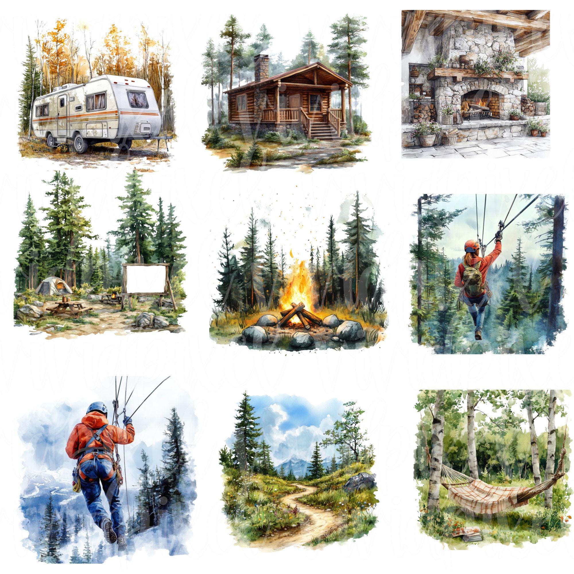 Watercolor Cute Camping Clipart Bundle | Woodland Mountain PNG Set ...