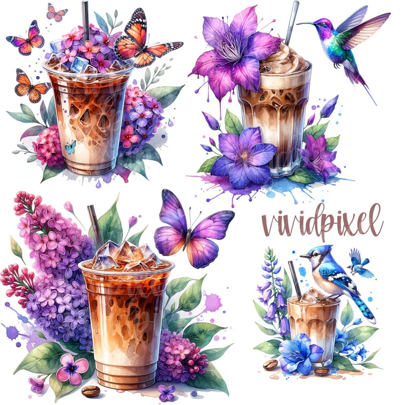 Floral Iced Coffee Watercolor Clipart Bundle: 17 Pngs (digital Download ...
