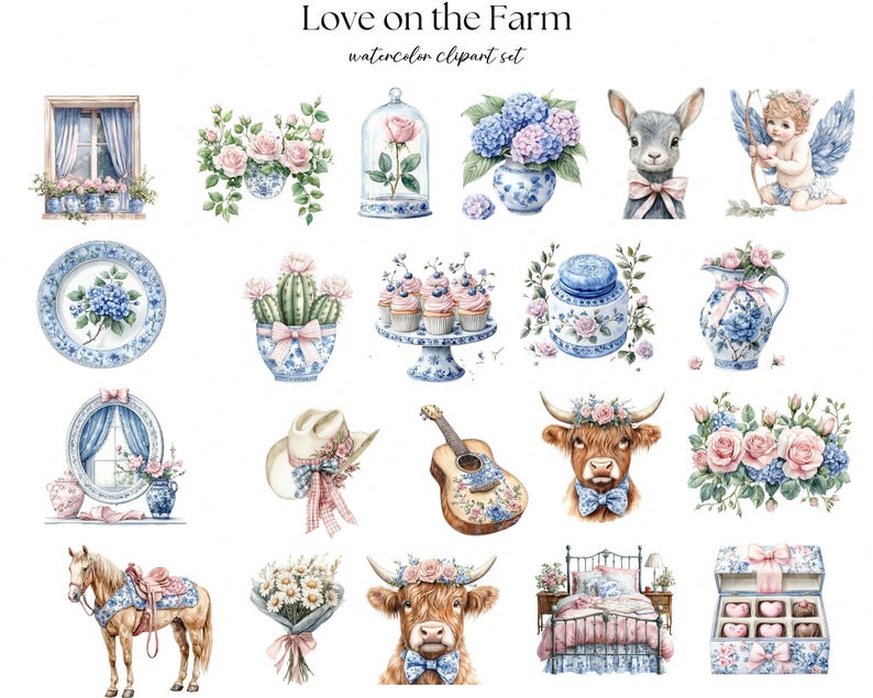 Love on the Farm Watercolor Clipart Set | Romantic Farmhouse ...