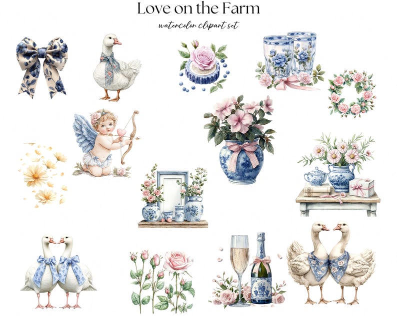 Love on the Farm Watercolor Clipart Set | Romantic Farmhouse ...