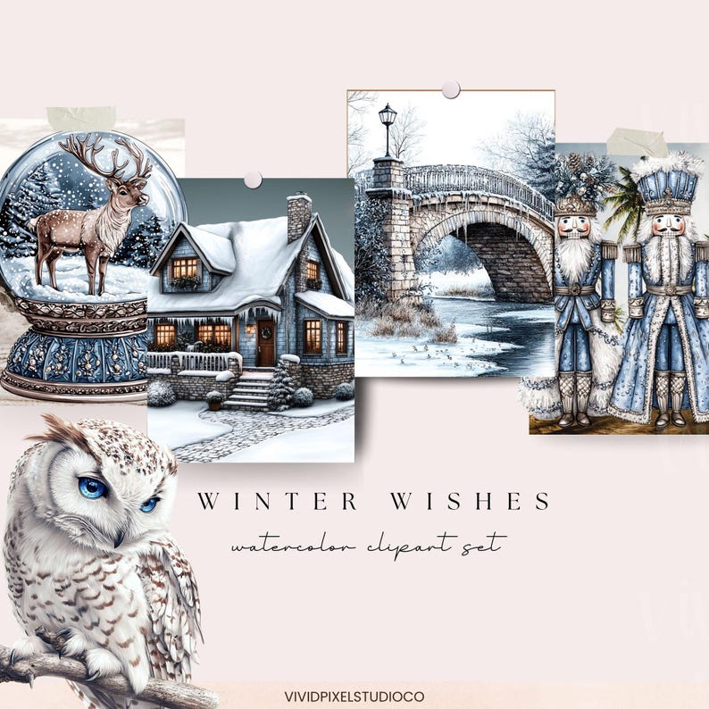 Winter Wishes Watercolor Clipart Bundle | Snowy Houses, Christmas ...