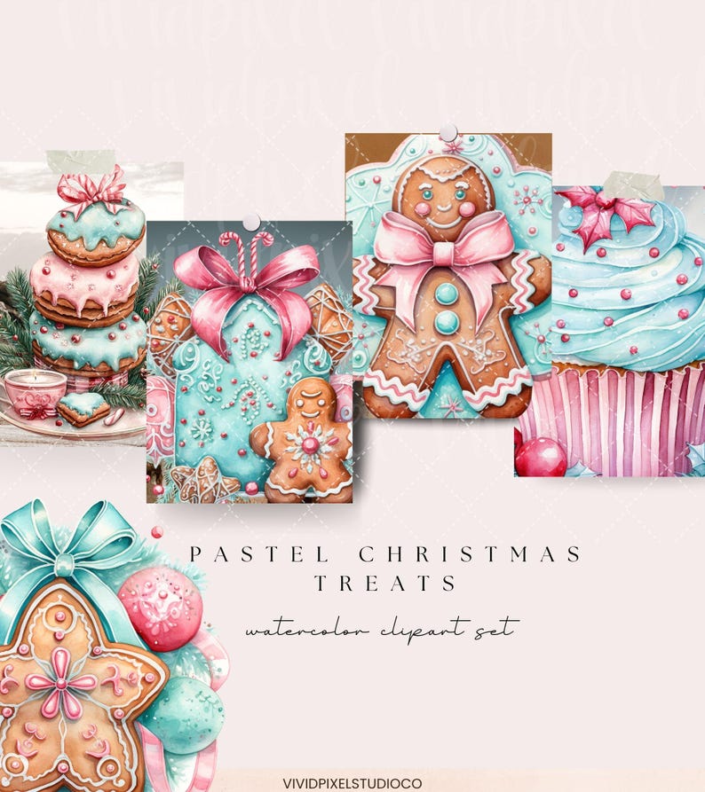 Watercolor Pastel Christmas Treat Clipart Set | Blue and Pink Winter ...