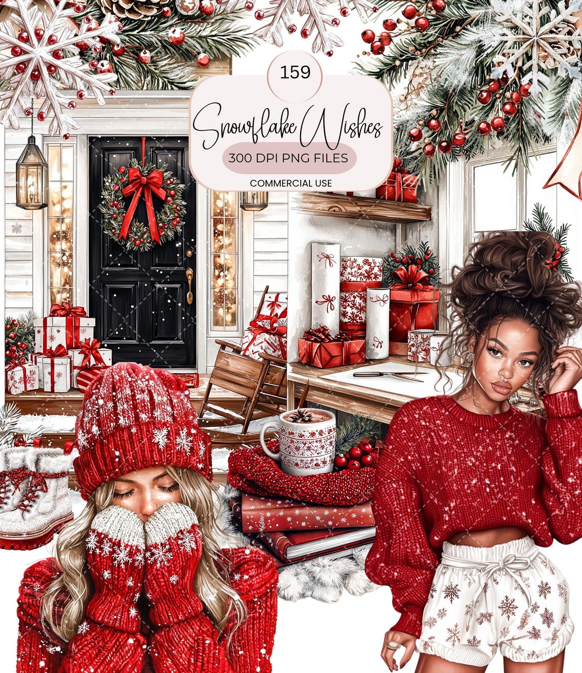 Snowflake Wishes Christmas Clipart Bundle | Cozy Holiday Watercolor ...