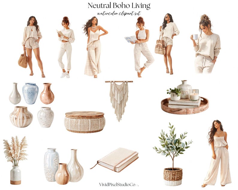Neutral Boho Coastal Clipart Bundle | Neutral Summer PNG | Boho ...