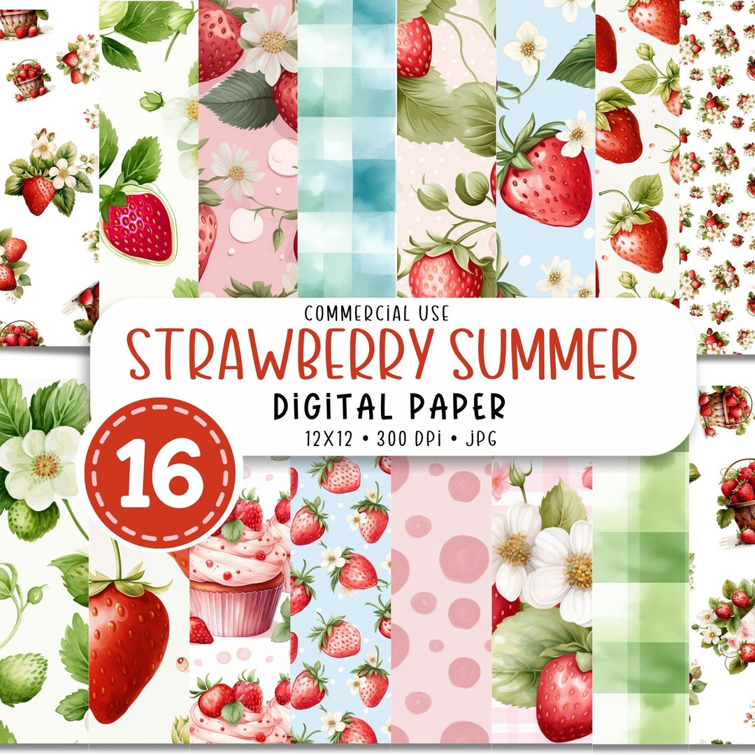 Strawberry Farmhouse Watercolor Digital Paper: Floral Pattern (digital ...