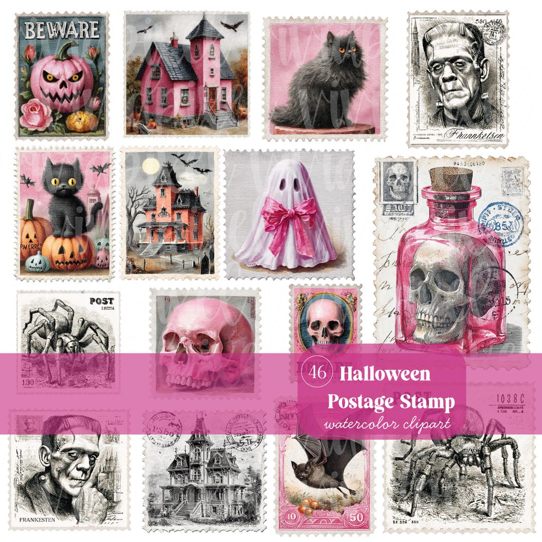 Pink Halloween Postage Stamp Clipart Set | Vintage Spooky Cute Skulls ...