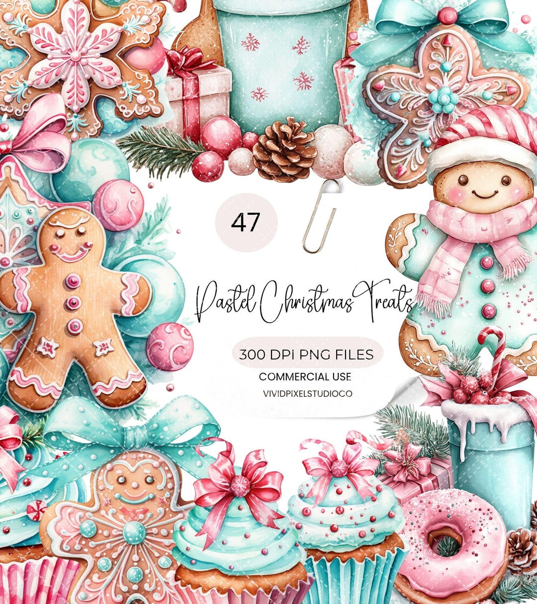 Watercolor Pastel Christmas Treat Clipart Set | Blue and Pink Winter ...