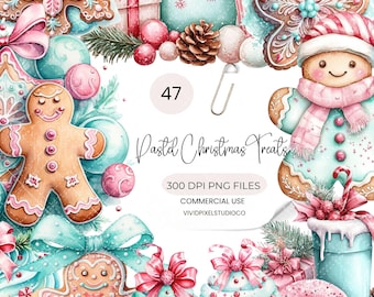 Watercolor Pastel Christmas Treat Clipart Set | Blue and Pink Winter ...