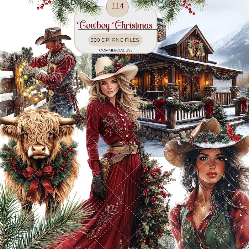 Cowboy Christmas Clipart Bundle | Western Christmas PNGS | Rustic Ranch ...