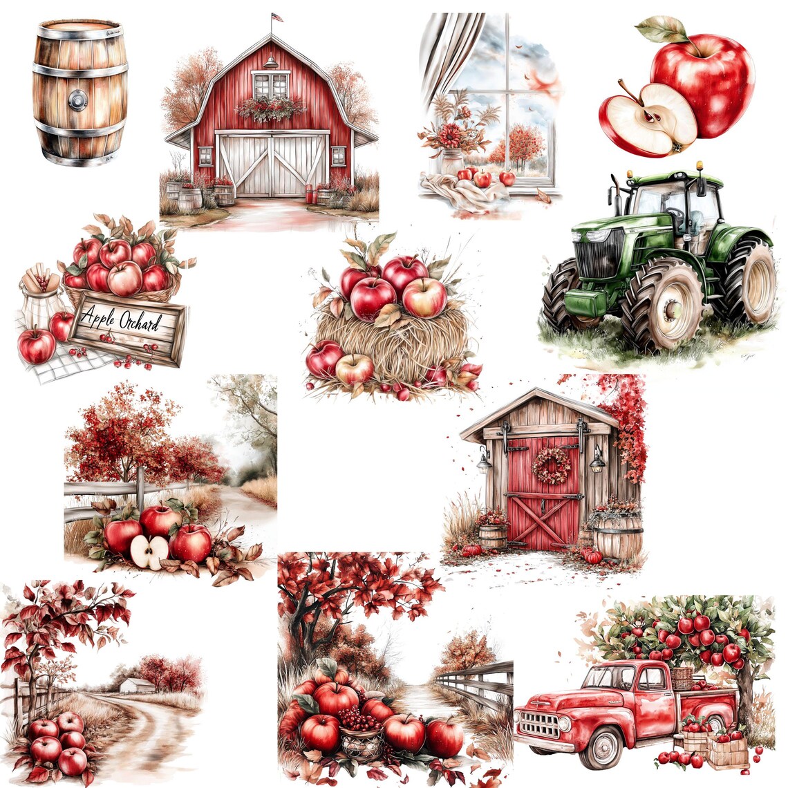 Apple Orchard Watercolor Clipart Bundle: Fall Farmhouse PNG Graphics ...