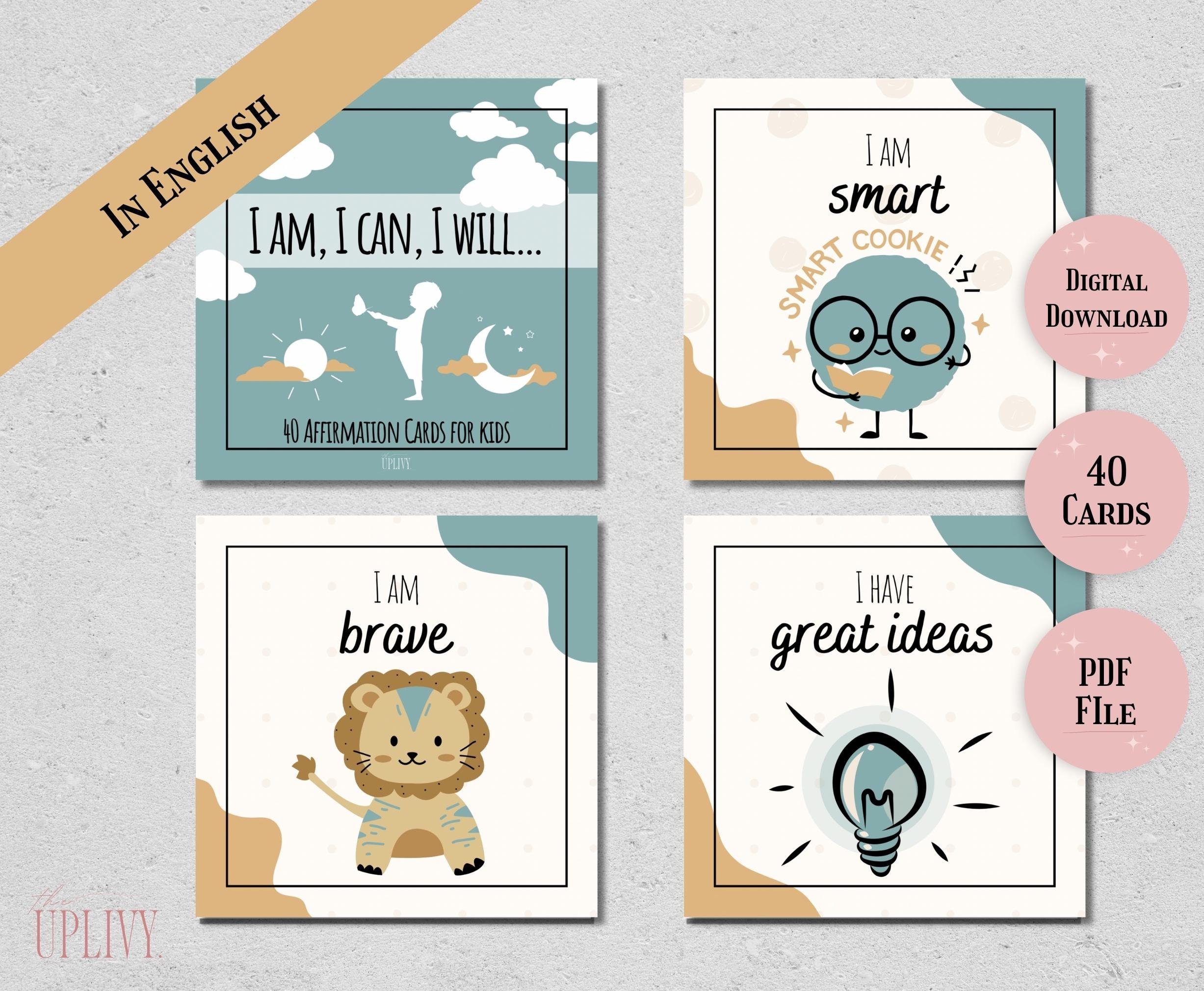 Kids Positive Affirmation Cards in Blue Set of 40 English Printable ...