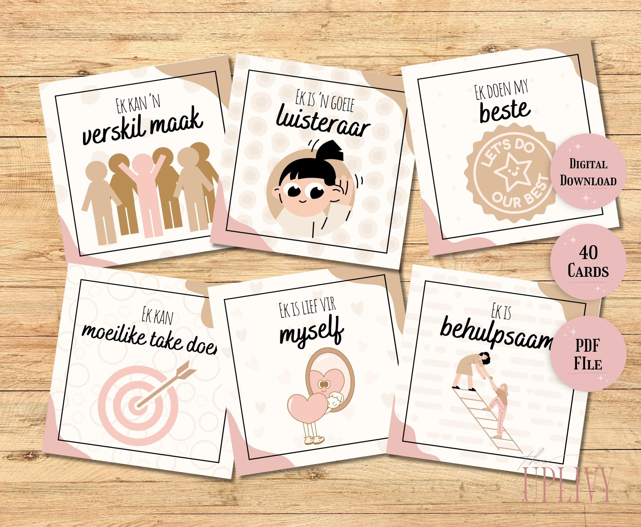 Afrikaans Childrens Positive Affirmation Cards in Pink Set of 40 ...