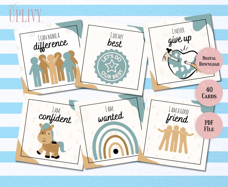 Kids Positive Affirmation Cards in Blue | Set of 40 English Printable ...