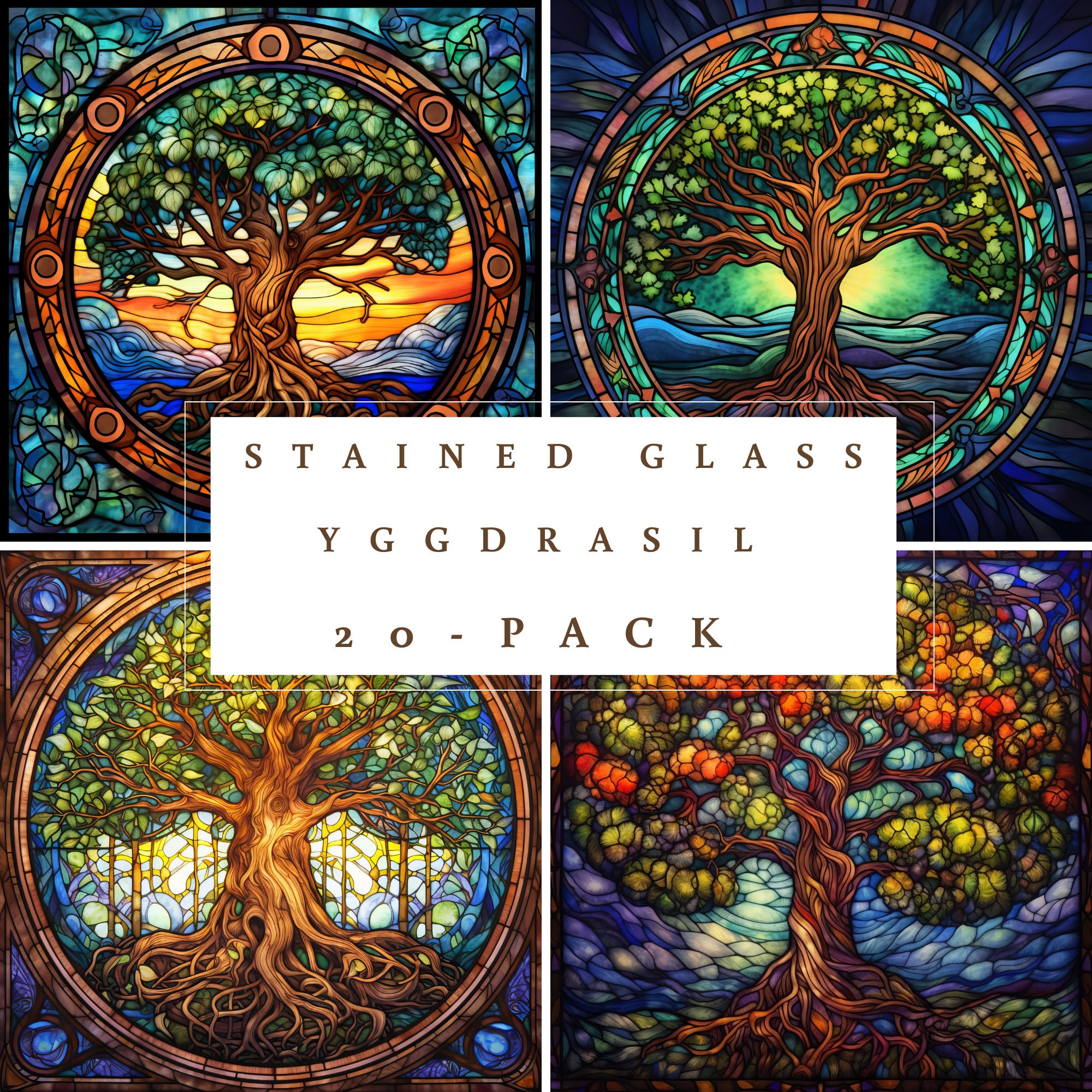 Yggdrasil Stained Glass Wall Art Bundle 20-pack, Tree of Life, Poster, Pagan Viking Home Decor ...