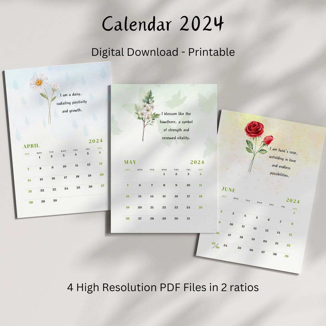 2024 Calendar Printable Desk Calendar Monthly 2024 Watercolor Floral ...