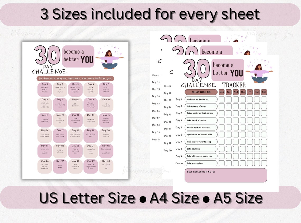 30 Day Challenge Bundle Self Care Checklist Printable Habit Tracker ...