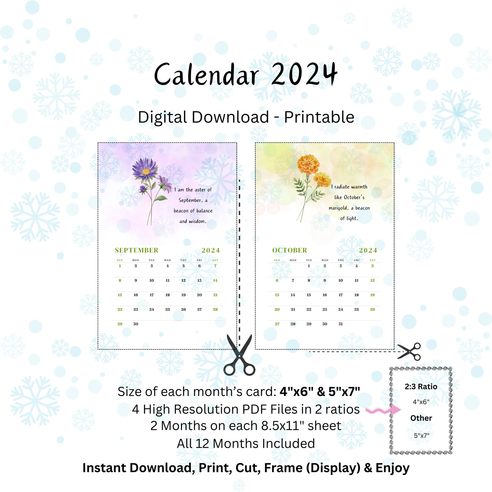 Floral Calendar Printable 2024 Desk Calendar Monthly 2024 Watercolor ...