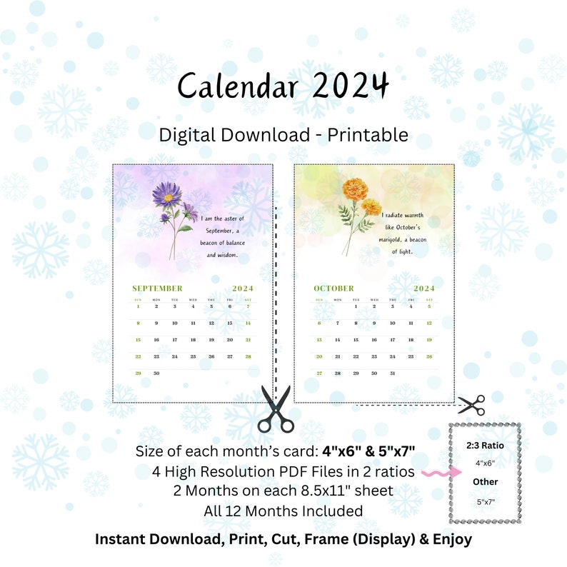 Floral Calendar Printable 2024 Desk Calendar Monthly 2024 Watercolor ...