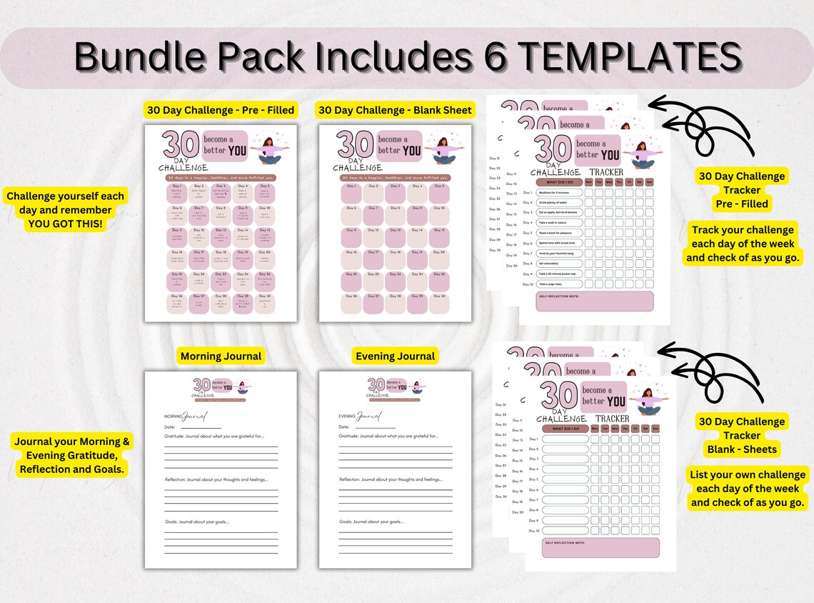30 Day Challenge Bundle Self Care Checklist Printable Habit Tracker ...