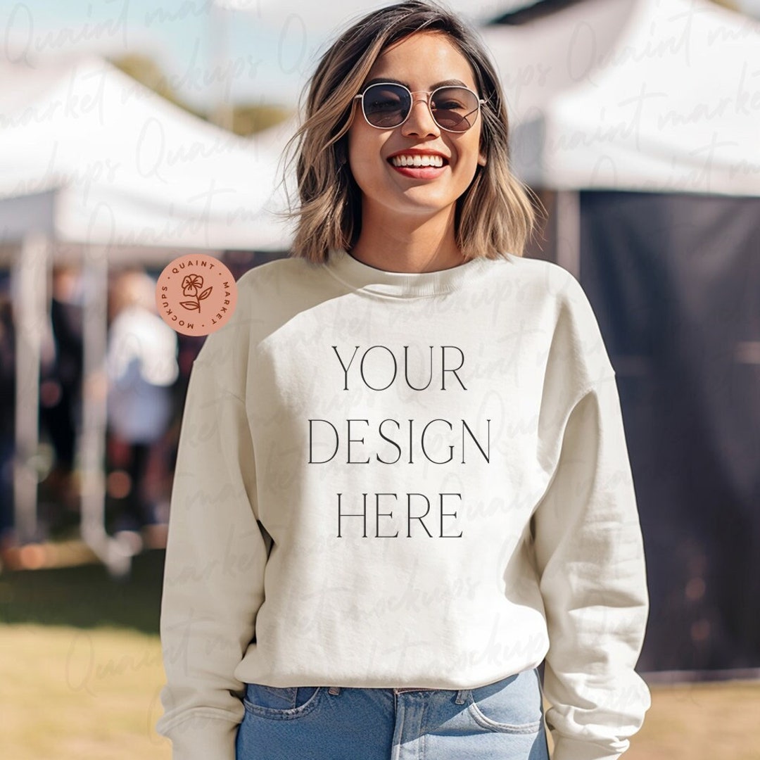 Sand Sweatshirt Female Model Mockup Gildan 18000 Crew Neck Mock-up ...
