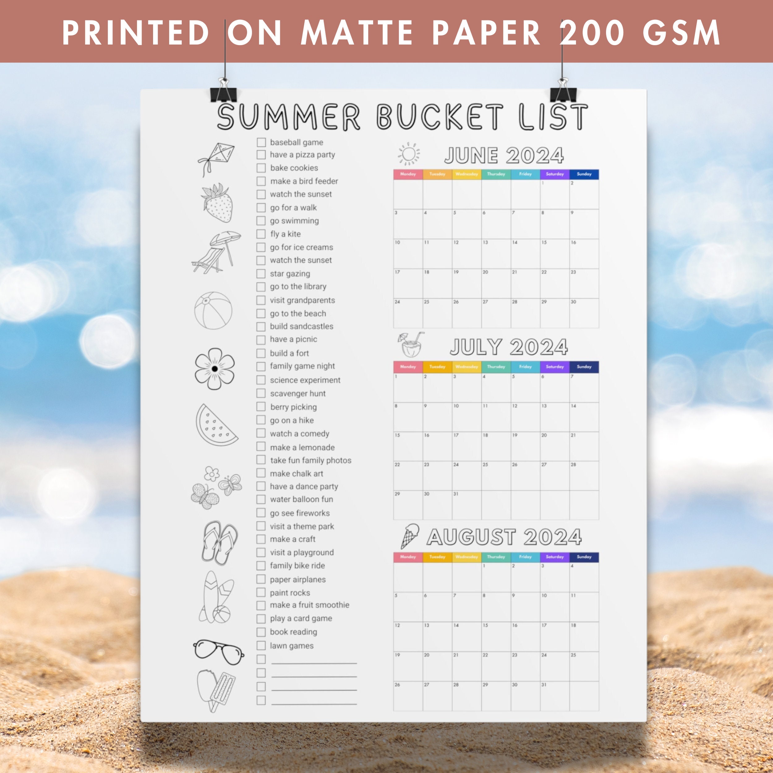 Summer Activity Calendar Summer to Do List Summer Fun Bucket List 2024 ...