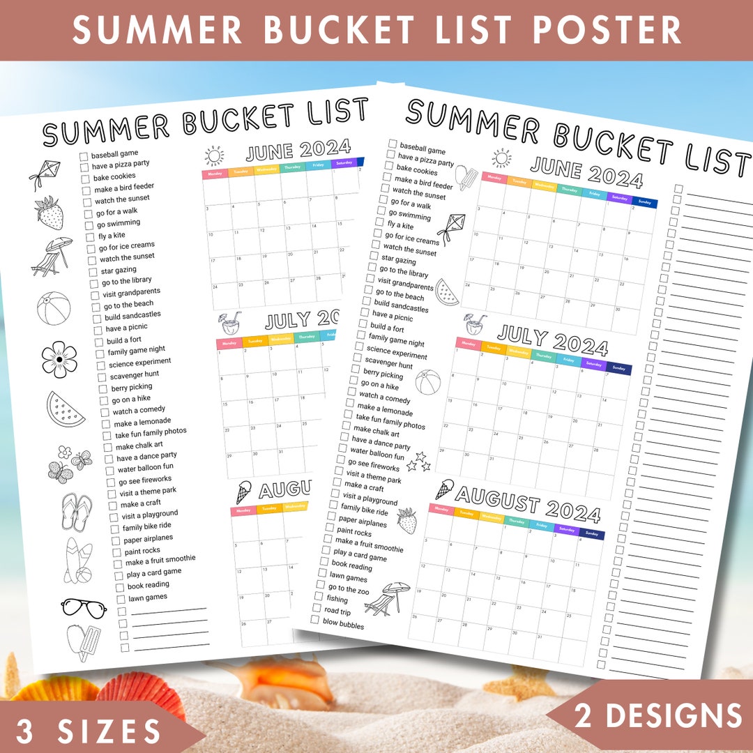 Summer Activity Calendar Summer to Do List Summer Fun Bucket List 2024 ...
