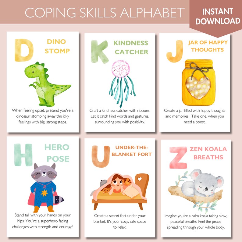 Anxiety Coping Skill Alphabet Kid Calming Corner Flashcard Calm Down ...