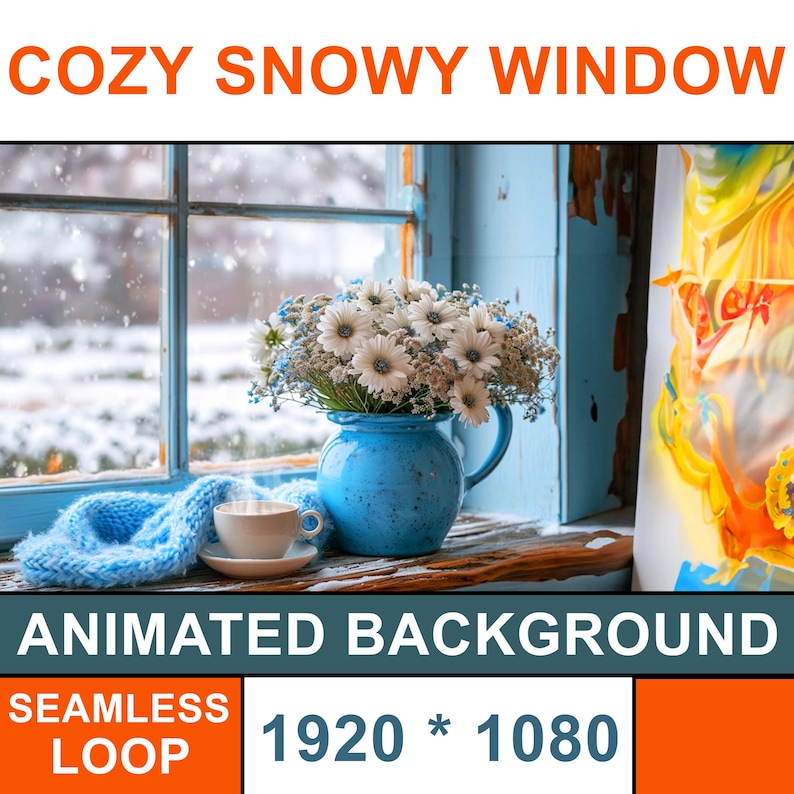Animated Winter Background | Cozy Snowy Window Scene, Blue Vase ...