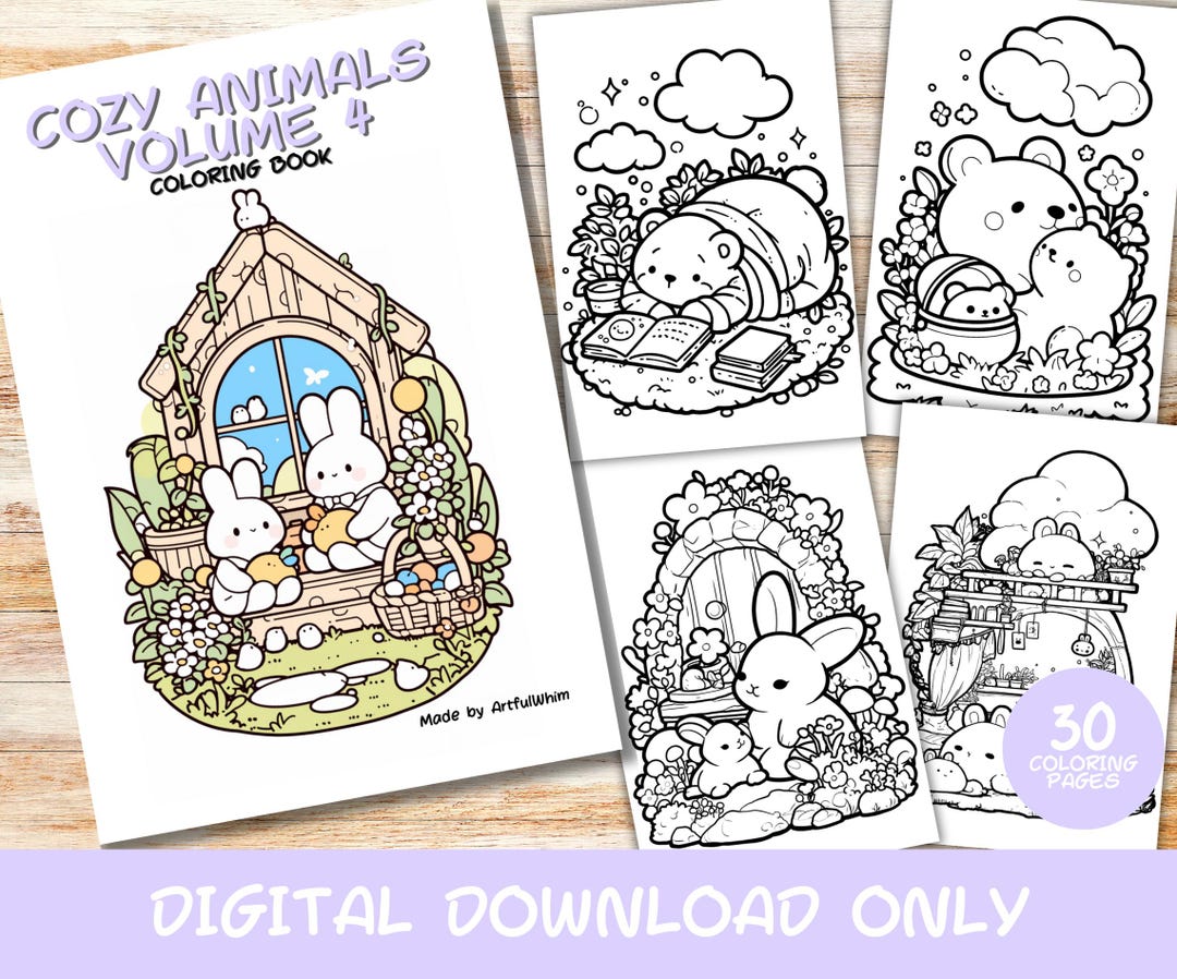 30 Cozy Animals Volume 4 Coloring Pages Book, Kids, Adults, Instant ...