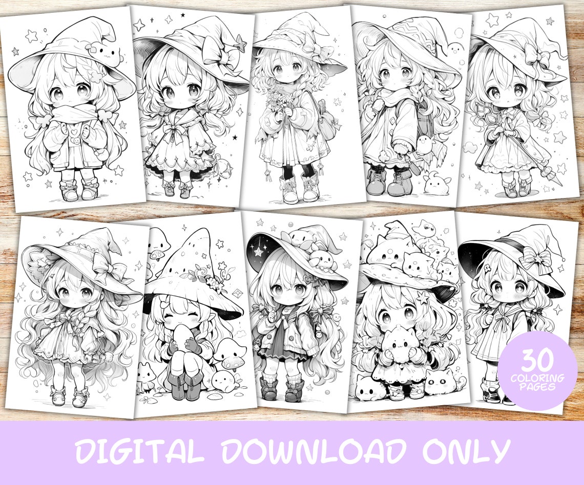 30 Kawaii Witches Volume 2 Coloring Pages Book, Kids, Adult, Instant ...