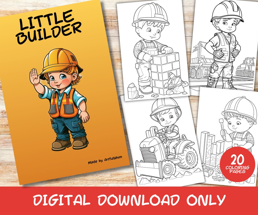 20 Little Builder Coloring Pages Book, Kids, Instant Download Grayscale ...
