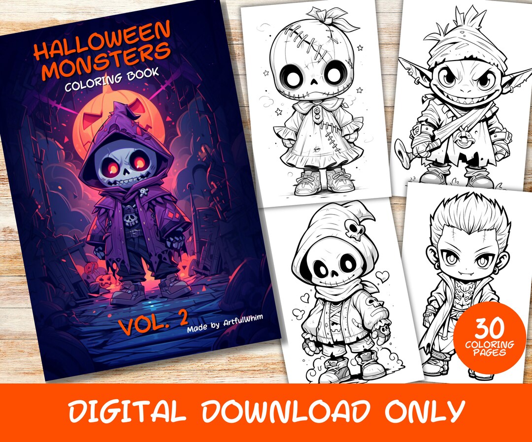 30 Halloween Monsters Volume 2 Coloring Pages Book, Adults, Instant ...