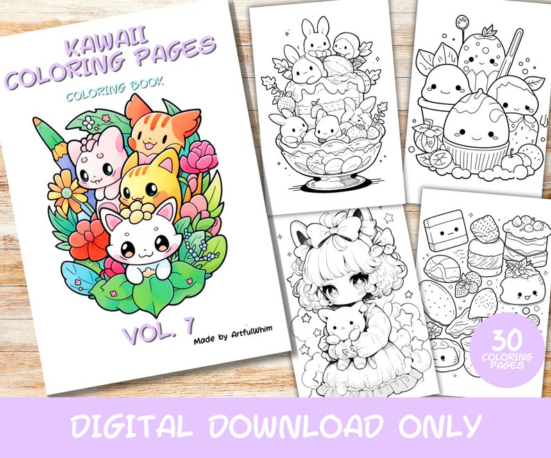 30 Kawaii Coloring Pages Volume 7, Kids, Adults, Instant Download ...