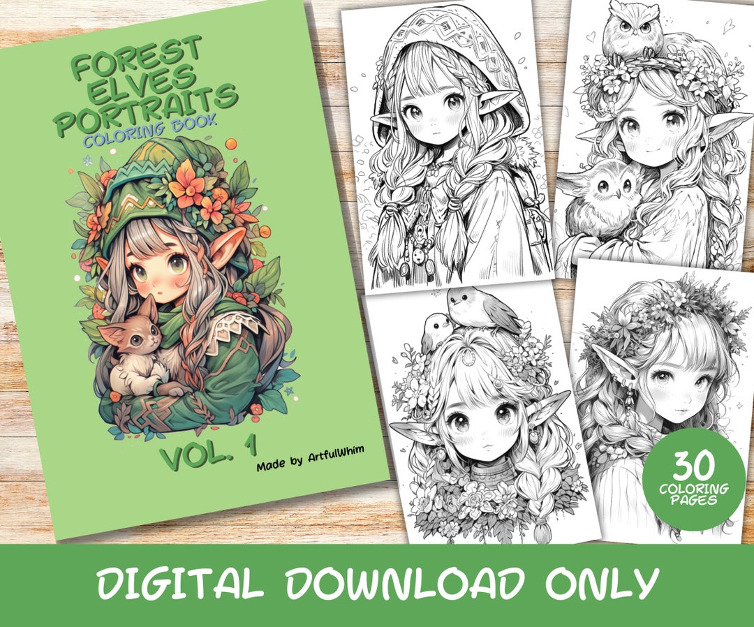 30 Forest Elves Portraits Volume 1 Coloring Pages Book, Kids, Adults ...