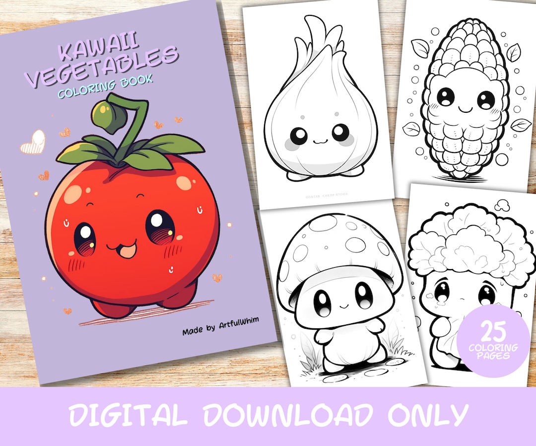 25 Kawaii Vegetables Coloring Pages Book, Kids, Adults, Instant ...