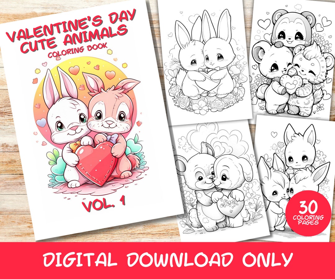 30 Valentines Day Cute Animals Volume 1 Coloring Pages Book, Kids ...