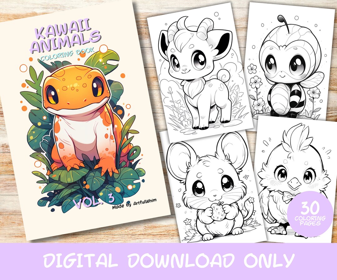 30 Kawaii Animals Volume 3 Coloring Pages Book, Kids, Adult, Instant ...