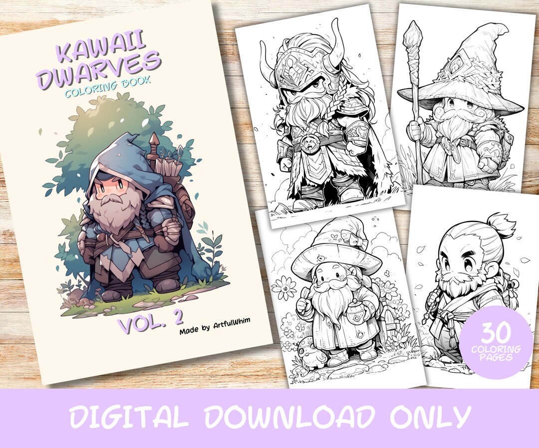 30 Kawaii Dwarves Volume 2 Coloring Pages Book, Kids, Adult, Instant Download Grayscale Coloring ...
