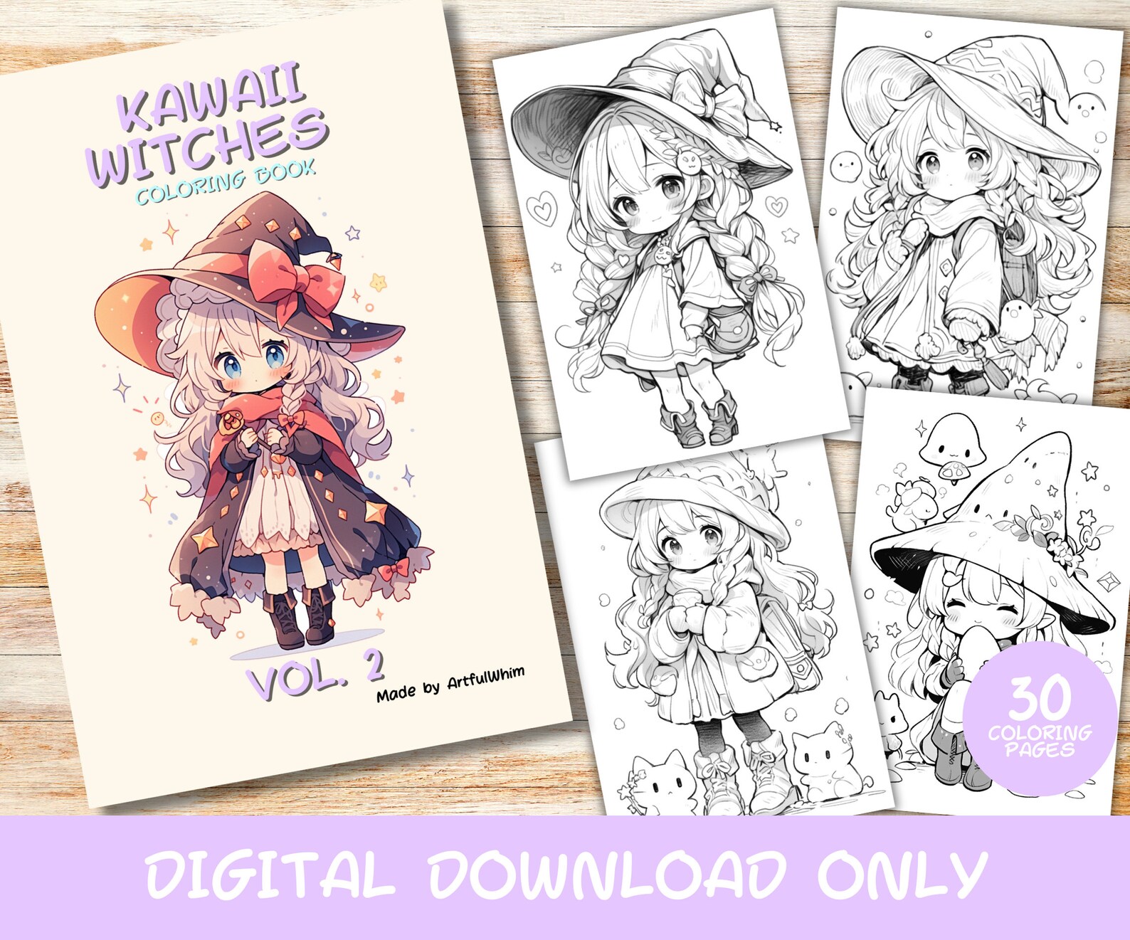 30 Kawaii Witches Volume 2 Coloring Pages Book, Kids, Adult, Instant ...