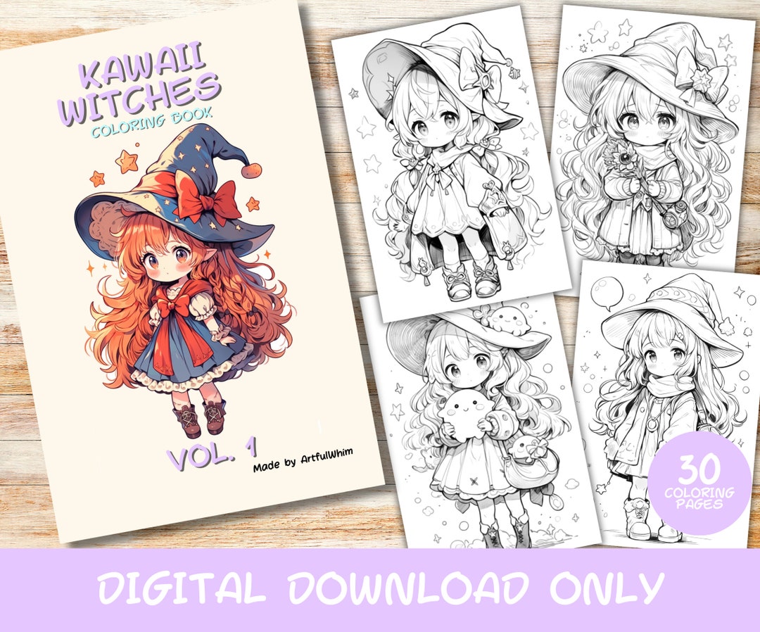 30 Kawaii Witches Volume 1 Coloring Pages Book, Kids, Adult, Instant ...