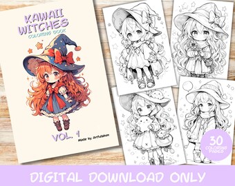 30 Kawaii Witches Volume 2 Coloring Pages Book, Kids, Adult, Instant ...