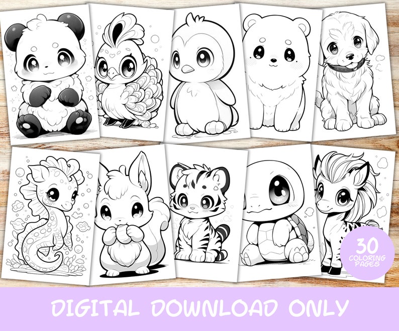 30 Kawaii Animals Volume 1 Coloring Pages Book, Kids, Adults, Instant ...