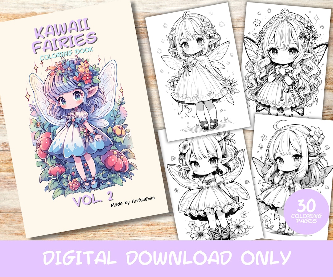 30 Kawaii Fairies Volume 2 Coloring Pages Book, Kids, Adult, Instant ...