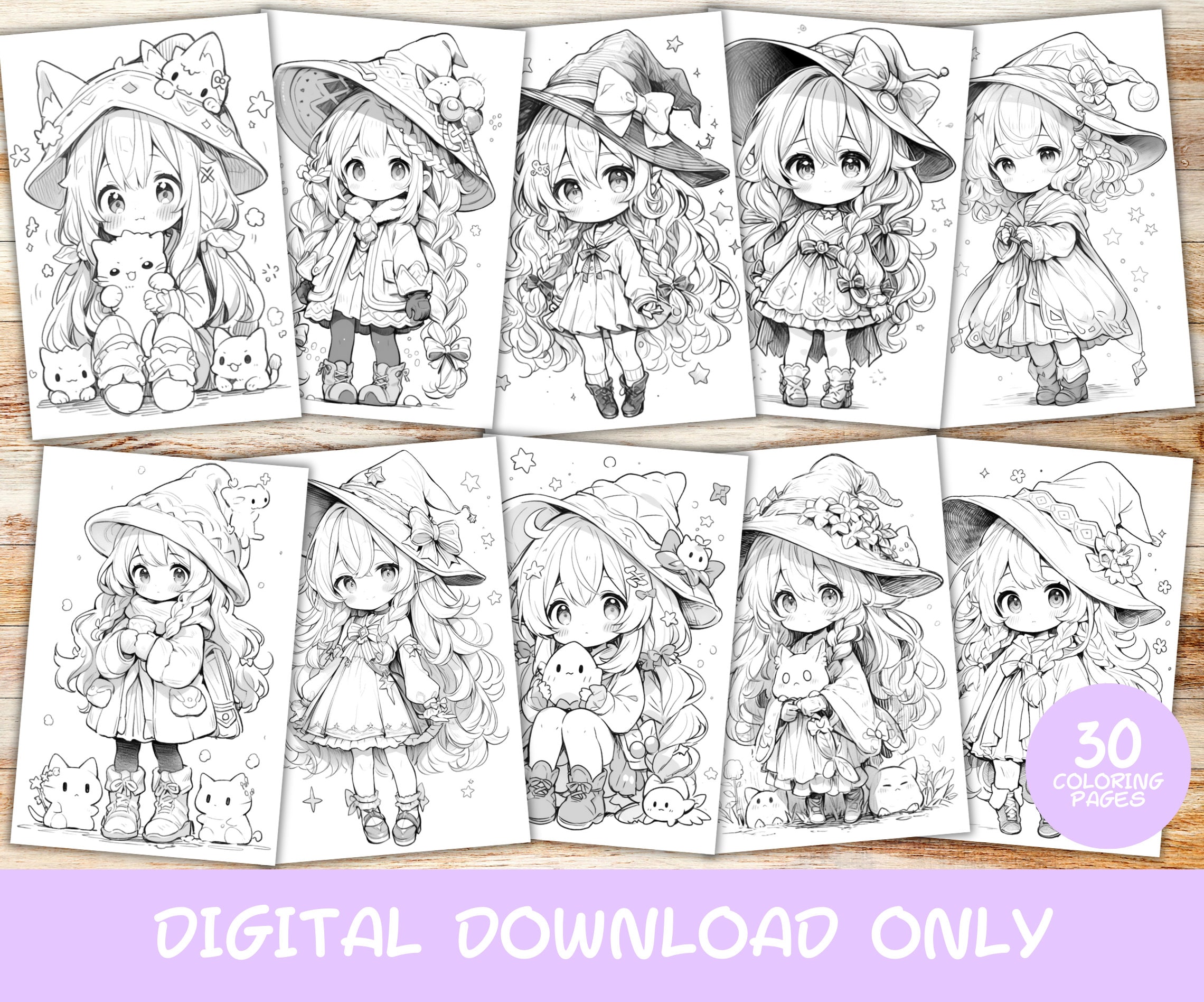 30 Kawaii Witches Volume 2 Coloring Pages Book, Kids, Adult, Instant ...