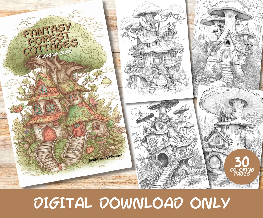 30 Fantasy Forest Cottage Coloring Pages Book, Kids, Adults, Instant ...