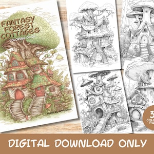 30 Fantasy Forest Cottage Coloring Pages Book, Kids, Adults, Instant ...