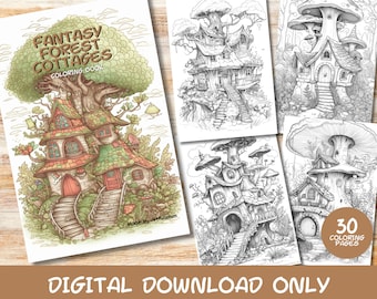 30 Fantasy Mushroom Cottages Volume 1 Coloring Pages Book, Kids, Adults ...