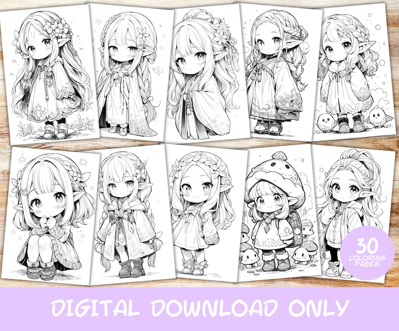 30 Kawaii Elf Girls Volume 1 Coloring Pages Book, Kids, Adult, Instant ...