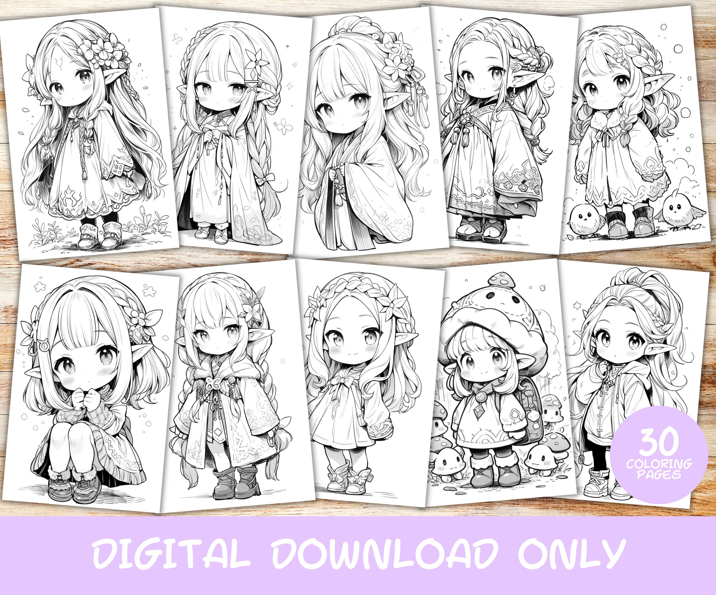 30 Kawaii Elf Girls Volume 1 Coloring Pages Book, Kids, Adult, Instant ...