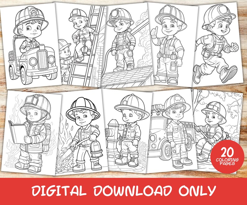 20 Little Firefighter Coloring Pages Book, Printable, Kids, Instant ...